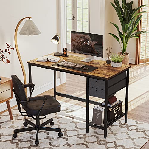 Cubiker Home Office Computer Desk with Drawers, 55 Inch Study Writing Table, Modern Simple Style PC Desk, Rustic Brown