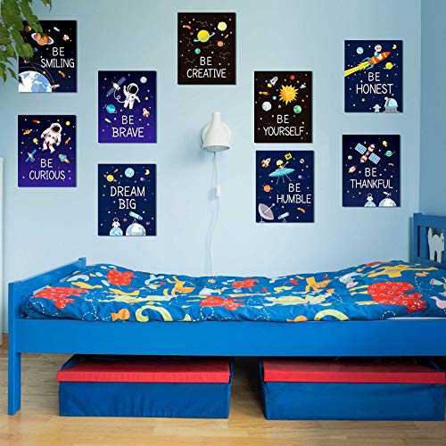 9 Pieces Space Wall Prints Unframed Space Inspirational Posters 8 x 10 Inch Planet Motivational Quote Pictures for Playroom Bedroom Classroom Decor College Dorm