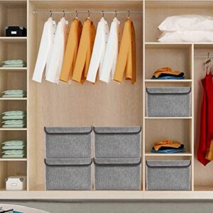 Bagnizer 22 Quart Linen Fabric Foldable Storage Cube Bin Organizer Basket with Flip-Top Lid & Handles, Large Toy Clothes Blanket Box for Nursery, Playroom, Home, Office, Closet, Gray, 4 Pack 14.6 x 9.5 x 9.5”