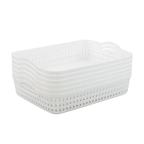 Sandmovie Plastic Woven Storage Basket Tray with Handles, White, 6 Packs