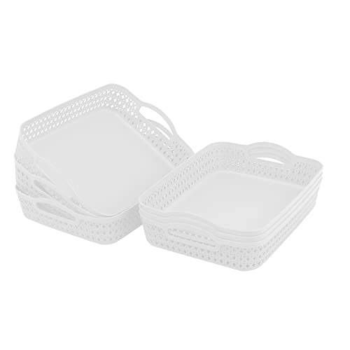 Sandmovie Plastic Woven Storage Basket Tray with Handles, White, 6 Packs