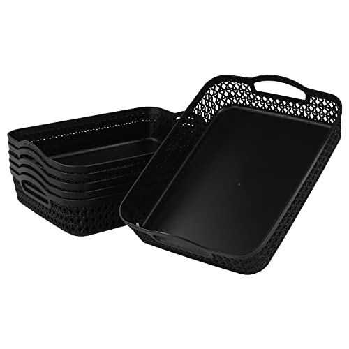 Rinboat Large Plastic Shallow Storage Baskets Trays, Plastic A4 Desktop Basket, Black, 6 Packs