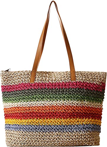 QZUnique Straw Handbags Rainbow Stitching Leather strap Shoulder Bag Women's Summer Beach Natural Casual Tote Bag Messenger Portable Bag