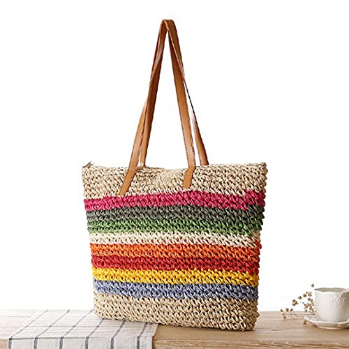 QZUnique Straw Handbags Rainbow Stitching Leather strap Shoulder Bag Women's Summer Beach Natural Casual Tote Bag Messenger Portable Bag