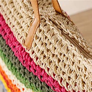 QZUnique Straw Handbags Rainbow Stitching Leather strap Shoulder Bag Women's Summer Beach Natural Casual Tote Bag Messenger Portable Bag