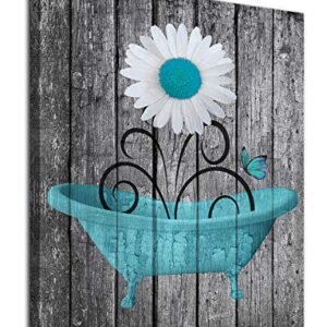 Bathroom Wall Art Daisy Canvas Pictures Modern Flower Bathtub Artwork Rustic Wood Board Background Contemporary Wall Art Decor Bedroom Living Room Office Home Framed Ready to Hang Blue 12" x 16"