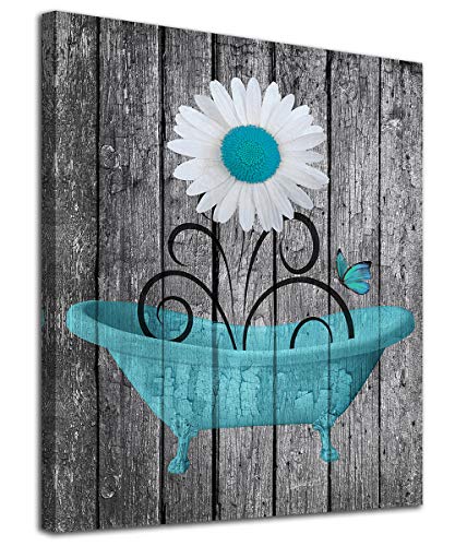 Bathroom Wall Art Daisy Canvas Pictures Modern Flower Bathtub Artwork Rustic Wood Board Background Contemporary Wall Art Decor Bedroom Living Room Office Home Framed Ready to Hang Blue 12" x 16"