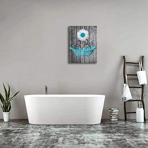 Bathroom Wall Art Daisy Canvas Pictures Modern Flower Bathtub Artwork Rustic Wood Board Background Contemporary Wall Art Decor Bedroom Living Room Office Home Framed Ready to Hang Blue 12" x 16"