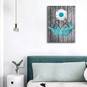 Bathroom Wall Art Daisy Canvas Pictures Modern Flower Bathtub Artwork Rustic Wood Board Background Contemporary Wall Art Decor Bedroom Living Room Office Home Framed Ready to Hang Blue 12" x 16"