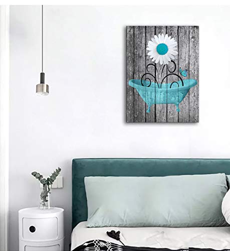 Bathroom Wall Art Daisy Canvas Pictures Modern Flower Bathtub Artwork Rustic Wood Board Background Contemporary Wall Art Decor Bedroom Living Room Office Home Framed Ready to Hang Blue 12" x 16"