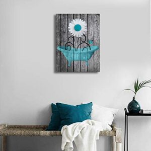 Bathroom Wall Art Daisy Canvas Pictures Modern Flower Bathtub Artwork Rustic Wood Board Background Contemporary Wall Art Decor Bedroom Living Room Office Home Framed Ready to Hang Blue 12" x 16"