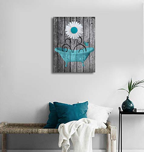 Bathroom Wall Art Daisy Canvas Pictures Modern Flower Bathtub Artwork Rustic Wood Board Background Contemporary Wall Art Decor Bedroom Living Room Office Home Framed Ready to Hang Blue 12" x 16"