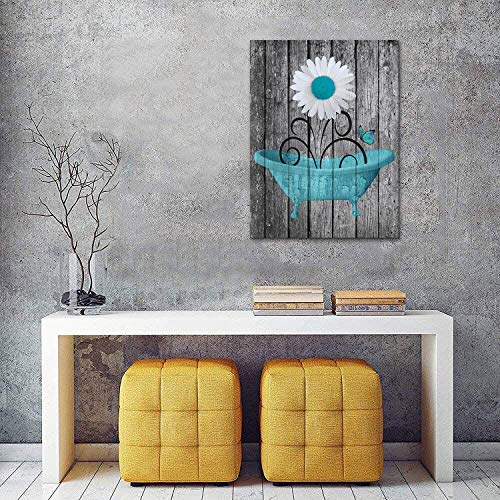 Bathroom Wall Art Daisy Canvas Pictures Modern Flower Bathtub Artwork Rustic Wood Board Background Contemporary Wall Art Decor Bedroom Living Room Office Home Framed Ready to Hang Blue 12" x 16"