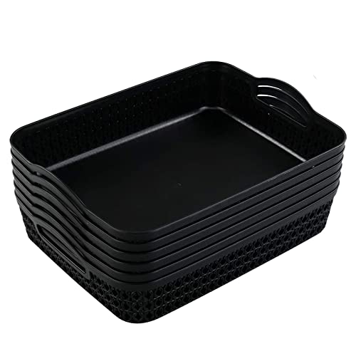 Dehouse Large Plastic Storage Basket Tray with Handle, Black, Pack of 6