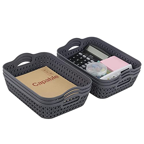 Readsky Plastic Storage Basket Tray with Handles, Plastic Weave Storage Baskets, Grey, 6 Packs