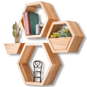 voohom Hexagon Floating Shelves – Set of 3 – 2 Wooden Plant Pots – Honeycomb Floating Shelves – Geometric Hexagon Shelves – Honeycomb Decor - Mounting Accessories Included