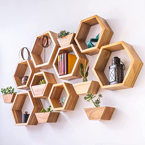 voohom Hexagon Floating Shelves – Set of 3 – 2 Wooden Plant Pots – Honeycomb Floating Shelves – Geometric Hexagon Shelves – Honeycomb Decor - Mounting Accessories Included