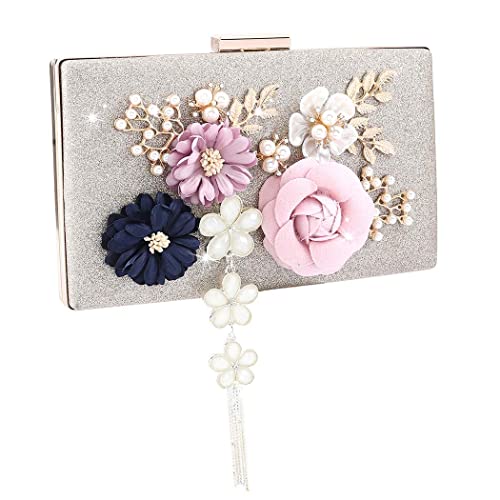 ELABEST Evening Clutch Bag Tassels Shiny Crossbody Purse Flowers Pearls Design Handbag Party Bags For Wedding Cocktail Party (Champagne)