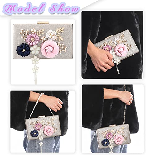 ELABEST Evening Clutch Bag Tassels Shiny Crossbody Purse Flowers Pearls Design Handbag Party Bags For Wedding Cocktail Party (Champagne)