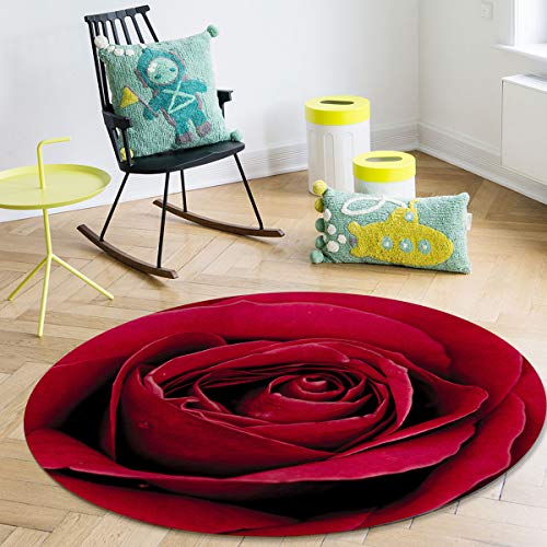 MUSEDAY Area Rug 3.3ft Round, Red Rose Flower Plant Kitchen Rugs Non Skid Area Indoor Floor Mat for Living Room, Bedroom