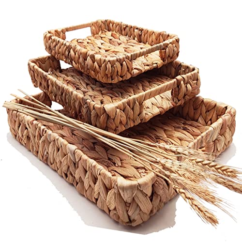 NEWQI Set of 3 Different Sizes Water Hyacinth Storage Baskets with Handles,Rectangular Rattan Woven Serving Tray， Large and Small Woven Wicker Baskets for Storage Organizing,Perfect for Open Shelving