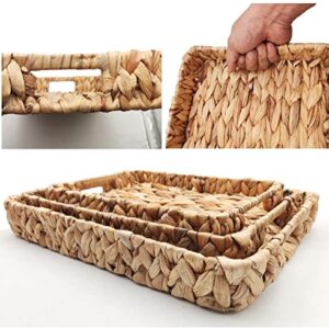 NEWQI Set of 3 Different Sizes Water Hyacinth Storage Baskets with Handles,Rectangular Rattan Woven Serving Tray， Large and Small Woven Wicker Baskets for Storage Organizing,Perfect for Open Shelving