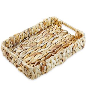 NEWQI Set of 3 Different Sizes Water Hyacinth Storage Baskets with Handles,Rectangular Rattan Woven Serving Tray， Large and Small Woven Wicker Baskets for Storage Organizing,Perfect for Open Shelving