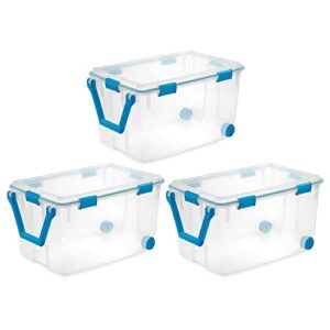 sterilite 120 quart clear plastic wheeled storage container box bin with air tight gasket seal latching lid long term organizing solution, (3 pack)