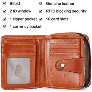 BOSTANTEN Leather Wallets for Women RFID Blocking Zipper Pocket Small Bifold Wallet Card Case Brown