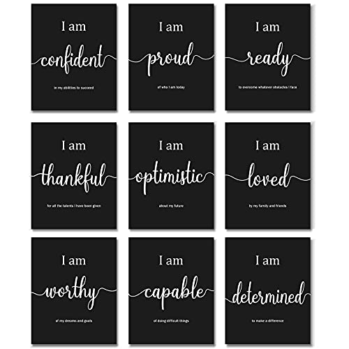 9 Pieces Inspirational Motivational Wall Art Office Bedroom Wall Art, Daily Positive Affirmations for Men Women Kids Inspirational Posters Inspirational Positive Quotes Sayings Wall Decor (Black)