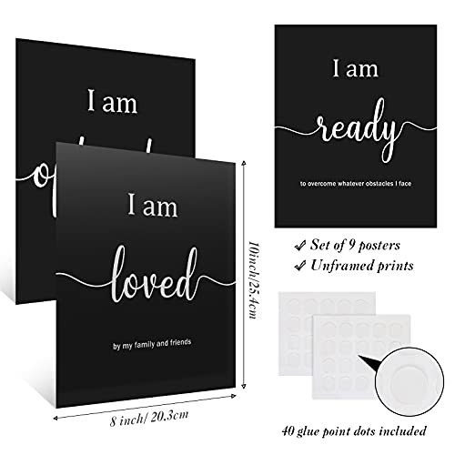 9 Pieces Inspirational Motivational Wall Art Office Bedroom Wall Art, Daily Positive Affirmations for Men Women Kids Inspirational Posters Inspirational Positive Quotes Sayings Wall Decor (Black)