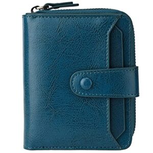 small wallets for women rfid blocking leather zipper coin pocket wallet card case with id window (peacock blue)