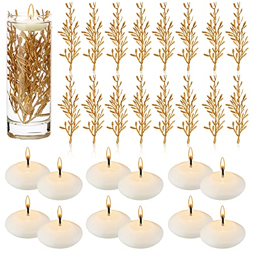 32 Pieces Faux Flowers for Floating Candles, 12 Unscented Floating Candles for Centerpieces, 6 Inch Flower Filler Vase Fillers Filling in Floating Candles for Wedding Dinning Table (Gold)