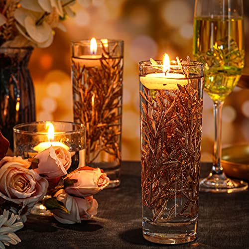 32 Pieces Faux Flowers for Floating Candles, 12 Unscented Floating Candles for Centerpieces, 6 Inch Flower Filler Vase Fillers Filling in Floating Candles for Wedding Dinning Table (Gold)