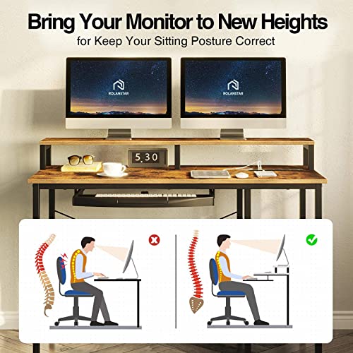 Rolanstar Computer Desk with Power Outlet and Monitor Stand Shelf, 55” Home Office PC Desk with Keyboard Tray and USB Ports Charging Station, Desktop Table,Stable Metal Frame Workstation, Rustic Brown