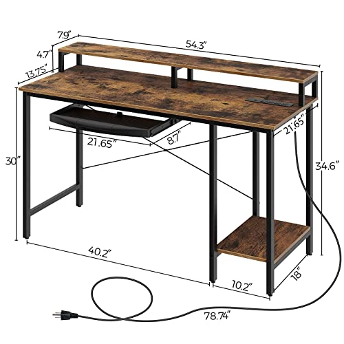 Rolanstar Computer Desk with Power Outlet and Monitor Stand Shelf, 55” Home Office PC Desk with Keyboard Tray and USB Ports Charging Station, Desktop Table,Stable Metal Frame Workstation, Rustic Brown