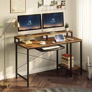 Rolanstar Computer Desk with Power Outlet and Monitor Stand Shelf, 55” Home Office PC Desk with Keyboard Tray and USB Ports Charging Station, Desktop Table,Stable Metal Frame Workstation, Rustic Brown