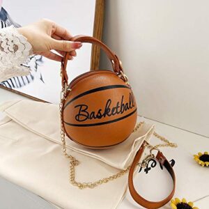 Women Basketball Shaped Cross Body Messenger Bag Purse Tote Mini Shoulder PU Leather Round Handbag for Girls（Brown