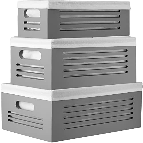 Creative Scents Wooden Crates for Storage - Set Of 3 Sizes Nesting Crates with Removable Fabric Liner, Cutout Handles and Breathable Holes - The Best Sizes Chosen for Home Storage Bins (Grey)