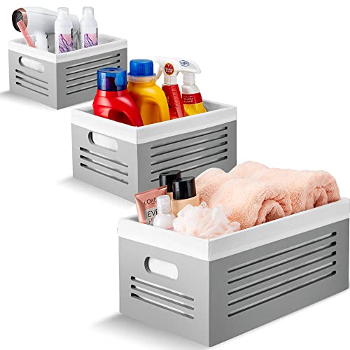 Creative Scents Wooden Crates for Storage - Set Of 3 Sizes Nesting Crates with Removable Fabric Liner, Cutout Handles and Breathable Holes - The Best Sizes Chosen for Home Storage Bins (Grey)