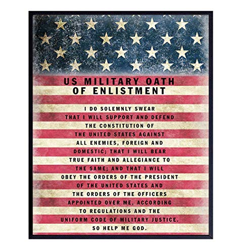 Military Oath of Enlistment - Patriotic American Flag Wall Art Decor, Decoration - Gift for Soldiers, Army, Navy, Air Force, Marines, Coast Guard, Veterans, Vets-UNFRAMED Poster Print 8x10 Photo