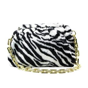 amamcy women fashion dumpling bag faux fur fuzzy purse cloud handbag fluffy shoulder bag with alloy shoulder strap zebra cow print