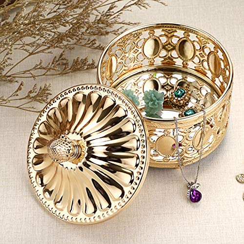 Hipiwe hollow out Metal Jewelry Box with Lid - Gold Mirrored Jewelry Trinket Organizer Ring Earrings Necklace Home Decor Storage Box, Chest Keepsake Gift Box for Women Girls