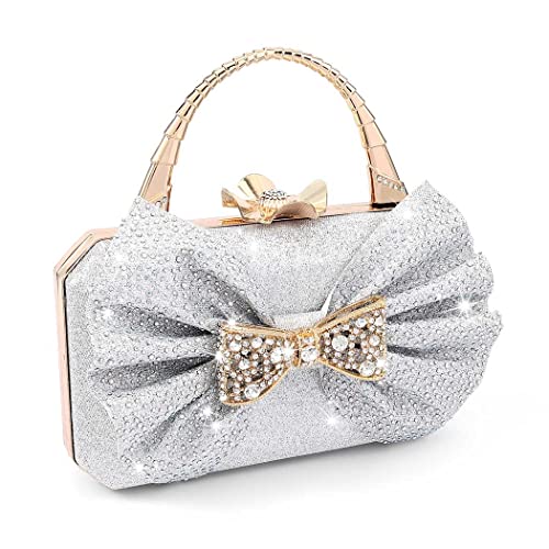 ELABEST Evening Clutch Bag Bowknot Ladies Party Handbag Bright Silver Crystal Purse Bow Design Shiny Bags For Bridal Wedding Cocktail Party (Silver)