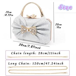 ELABEST Evening Clutch Bag Bowknot Ladies Party Handbag Bright Silver Crystal Purse Bow Design Shiny Bags For Bridal Wedding Cocktail Party (Silver)