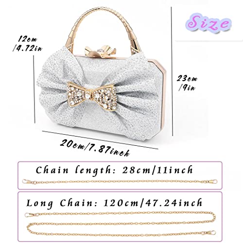 ELABEST Evening Clutch Bag Bowknot Ladies Party Handbag Bright Silver Crystal Purse Bow Design Shiny Bags For Bridal Wedding Cocktail Party (Silver)