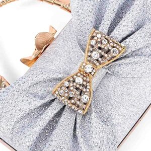 ELABEST Evening Clutch Bag Bowknot Ladies Party Handbag Bright Silver Crystal Purse Bow Design Shiny Bags For Bridal Wedding Cocktail Party (Silver)