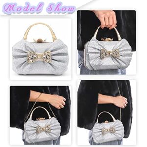 ELABEST Evening Clutch Bag Bowknot Ladies Party Handbag Bright Silver Crystal Purse Bow Design Shiny Bags For Bridal Wedding Cocktail Party (Silver)