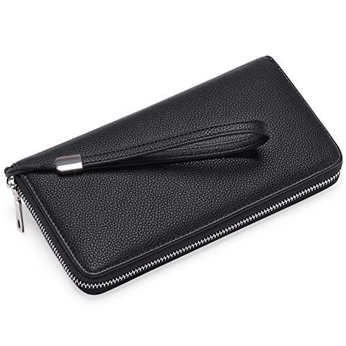 GOIACII Womens Wallet RFID Blocking Leather Zip Around Wallet Large Capacity Long Purse Credit Card Clutch Wristlet