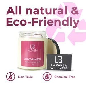 La Parea Wellness - Ecuadorian Rose Shea Butter & Soy Candles for Aromatherapy & Relaxation, Natural Calming Candle Scents, Massage Candles for Couples, Christmas Candles, 25-Hour Burn Time, 7 oz